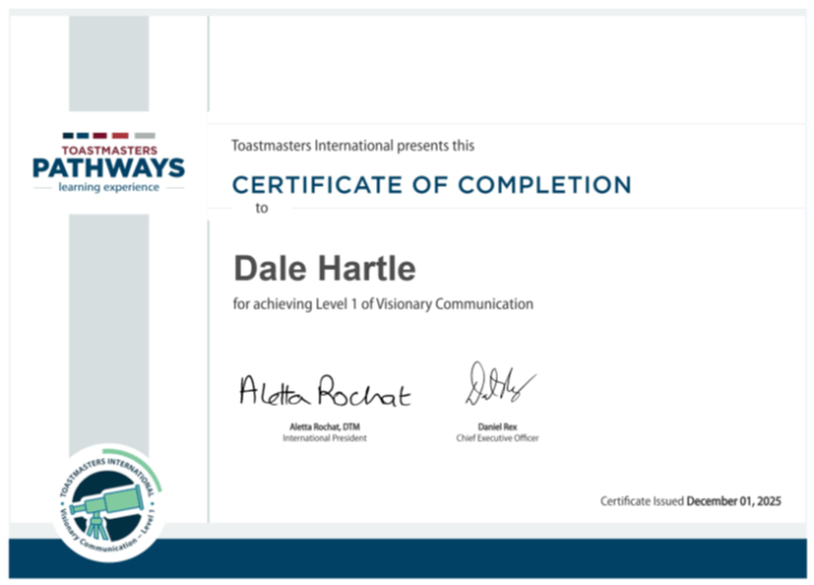 Completing Level 1 – Spinnaker Toastmasters Club, Plimmerton, Porirua, New Zealand